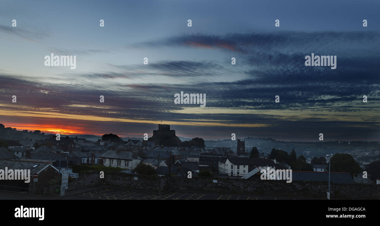 Stitched Panorama of a sunset sky over Launceston in Cornwall Stock ...