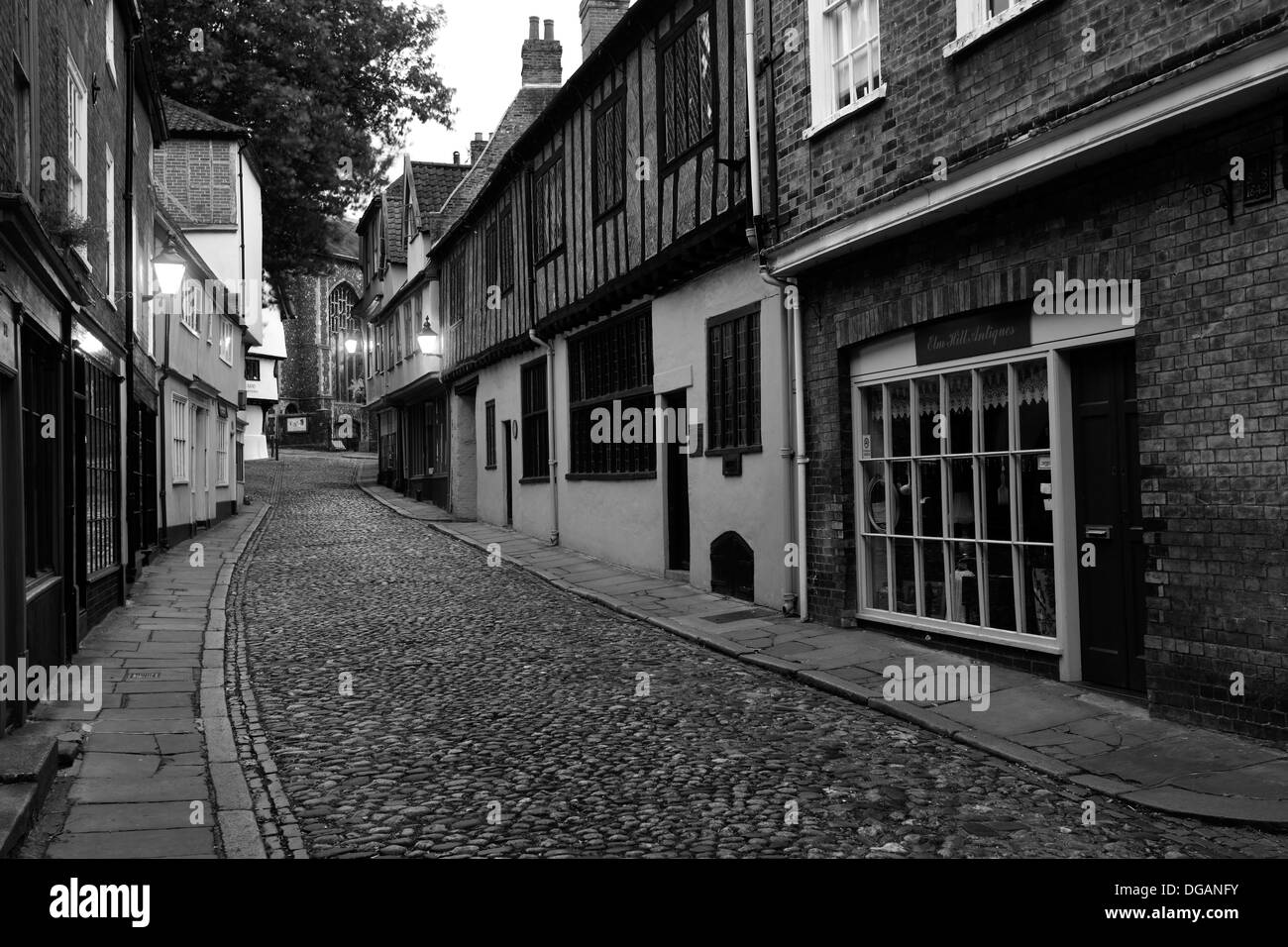 Tudor period Architecture and shops, narrow cobbled street, Elm Hill ...