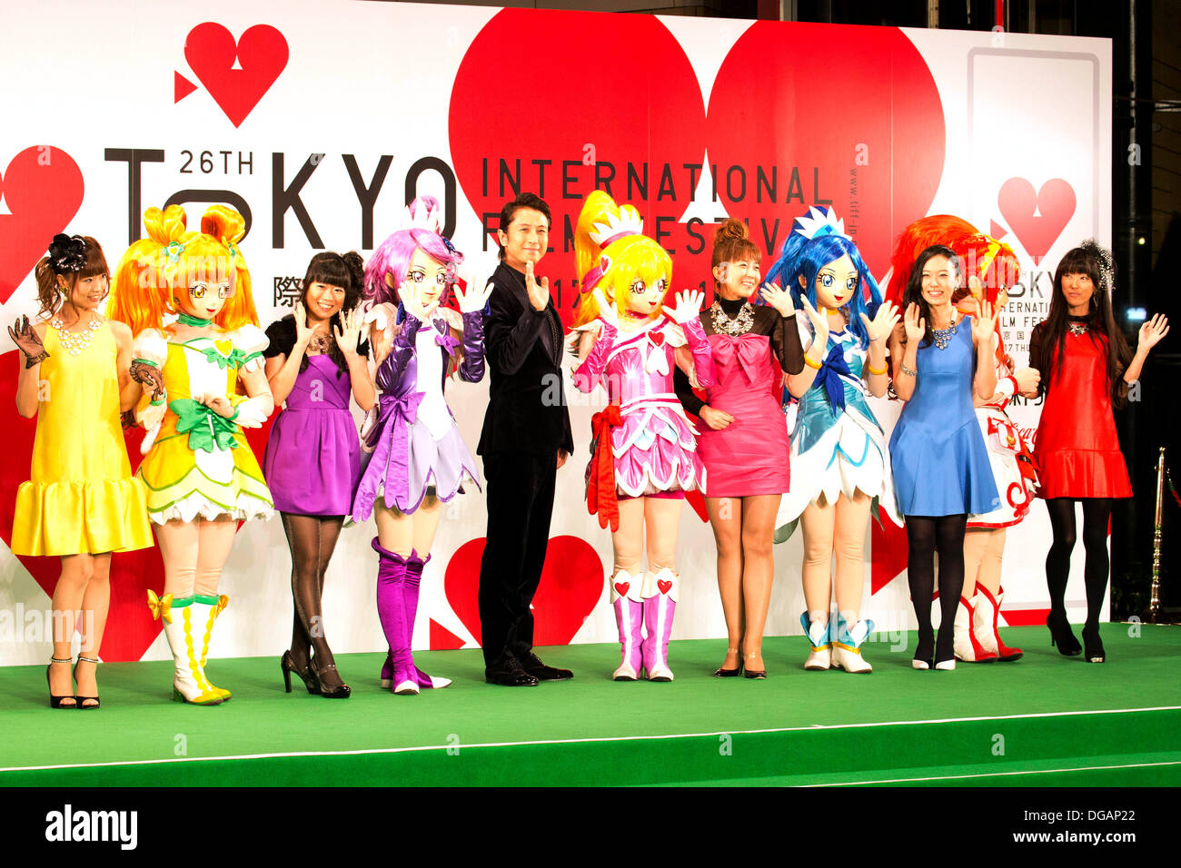 Tokyo, Japan. 17th Oct, 2013. Cast of the movie "DOKIDOKI PRETTY" wave ...