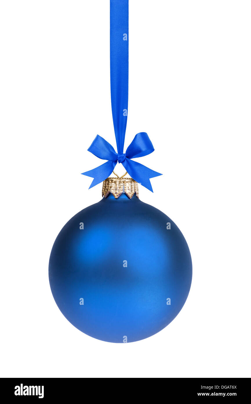 single simple blue christmas ball hanging on ribbon, white background ...