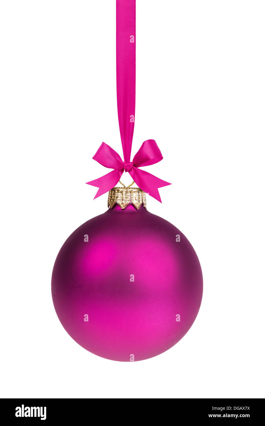 single simple purple christmas ball hanging on ribbon, white background ...