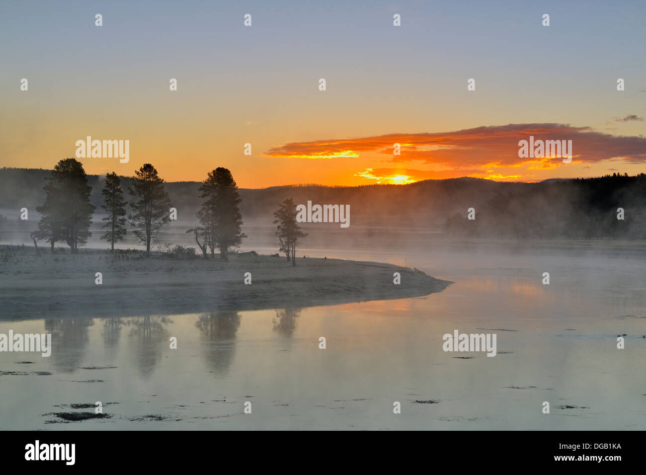 Sunrise over the Yellowstone River in the Hayden Valley Yellowstone NP ...