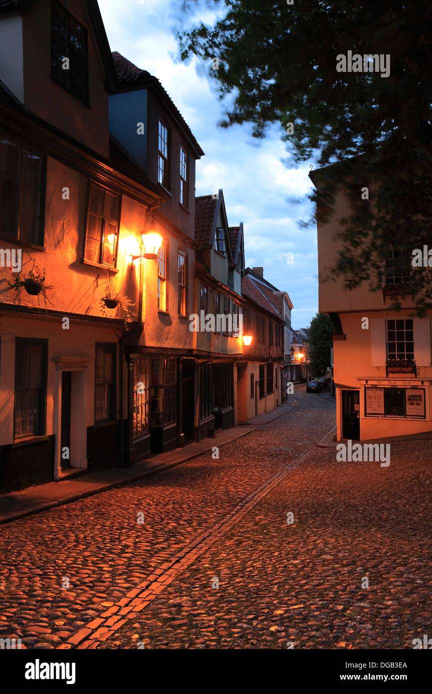 Tudor period Architecture and shops, narrow cobbled street, Elm Hill ...