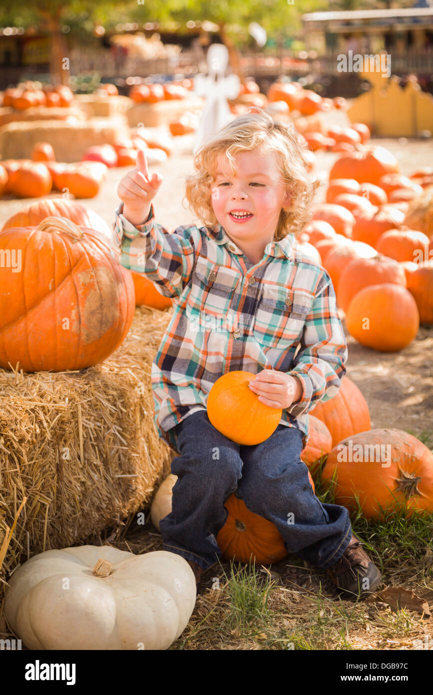 Adorable Little Boy Sitting and Holding His Pumpkin in a Rustic Ranch ...