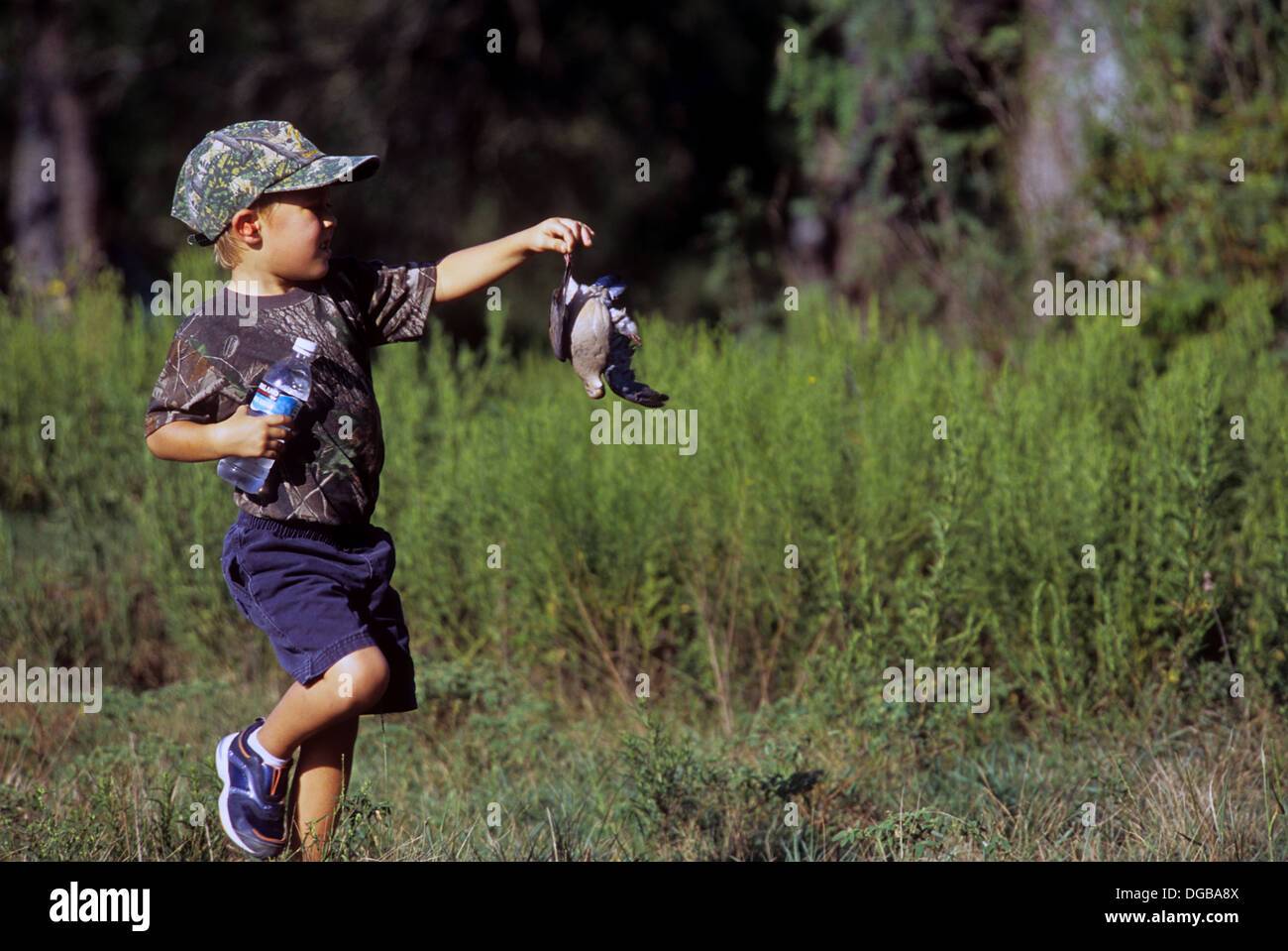 A young boy with a mourning dove on a hunting trip near Lockhart Texas ...