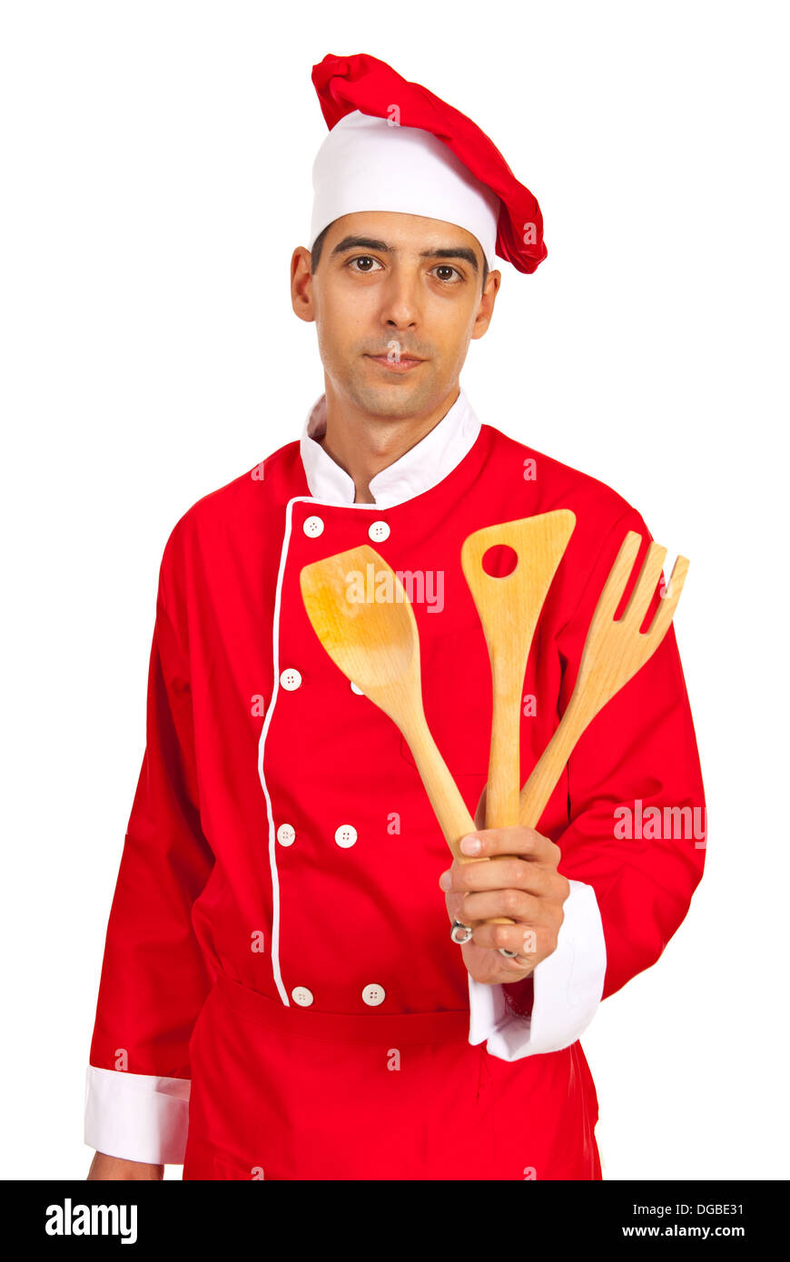 Chef man showing wooden kitchen utensils isolated on white background ...