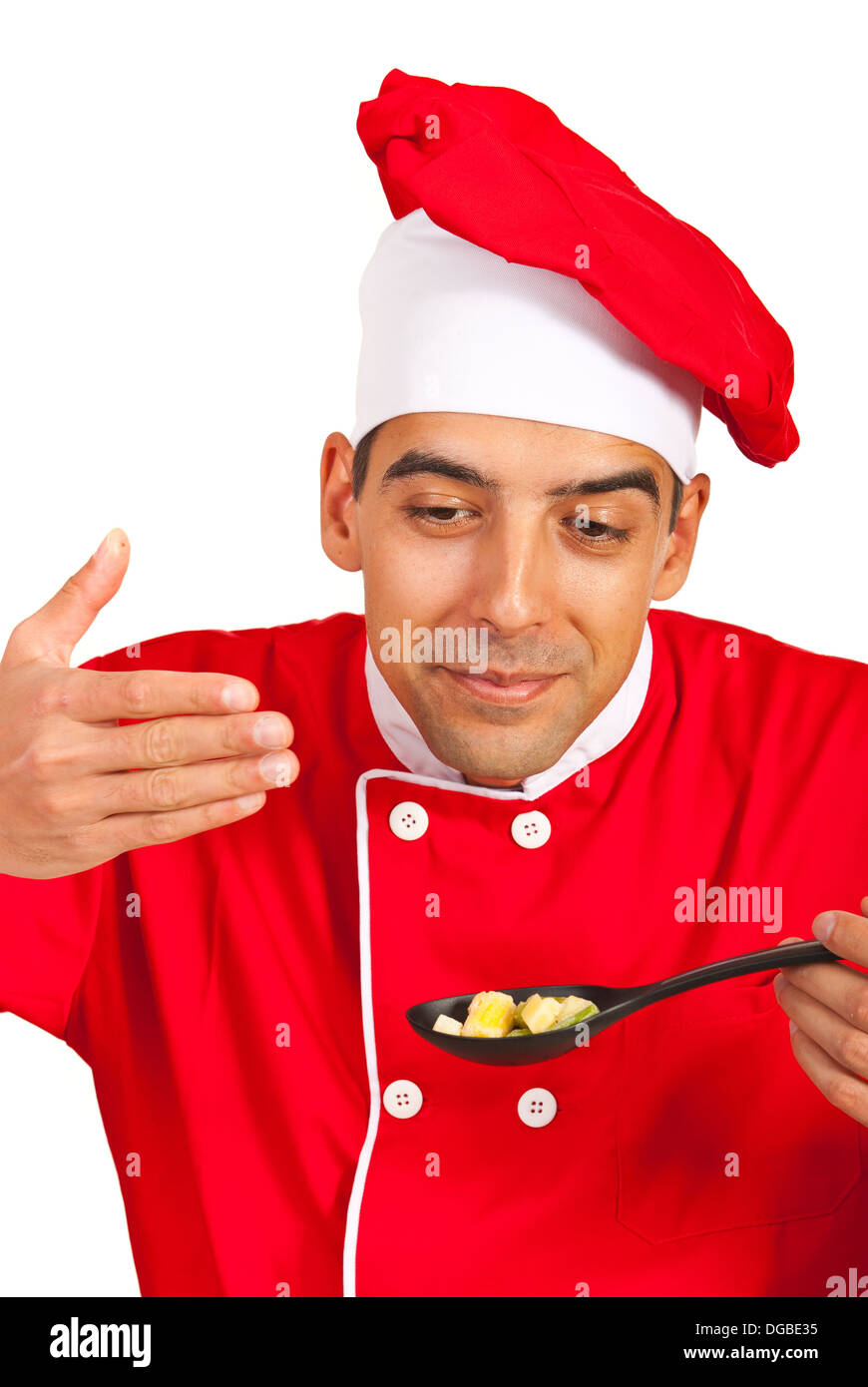 Chef male smelling food from big spoon isolated on white background ...