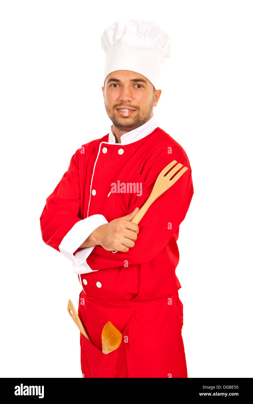 Confident chef man holding kitchen utensil isolated on white background ...