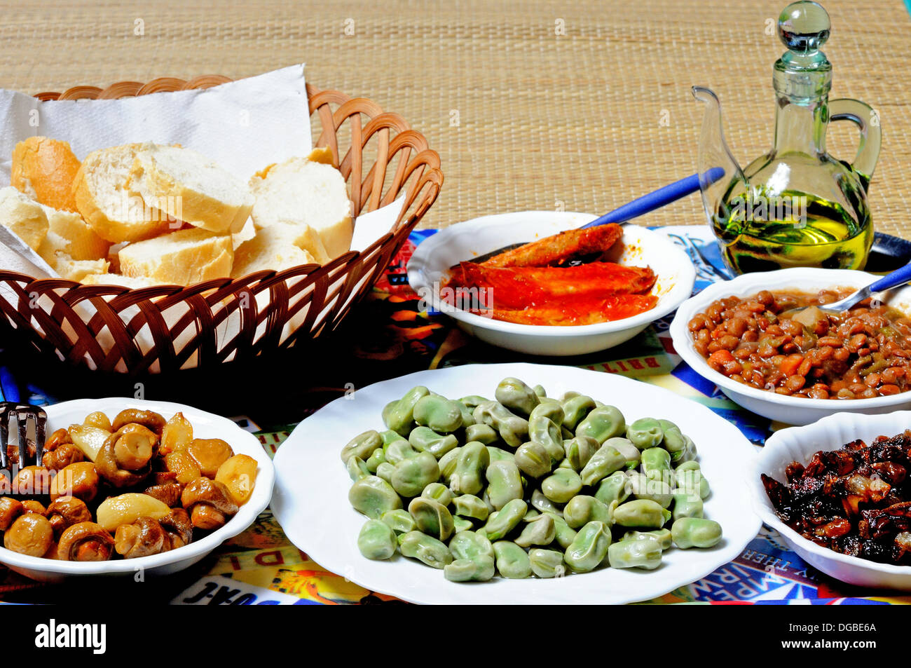 Tapas selection of fish and vegetables, Andalusia, Spain, Western ...
