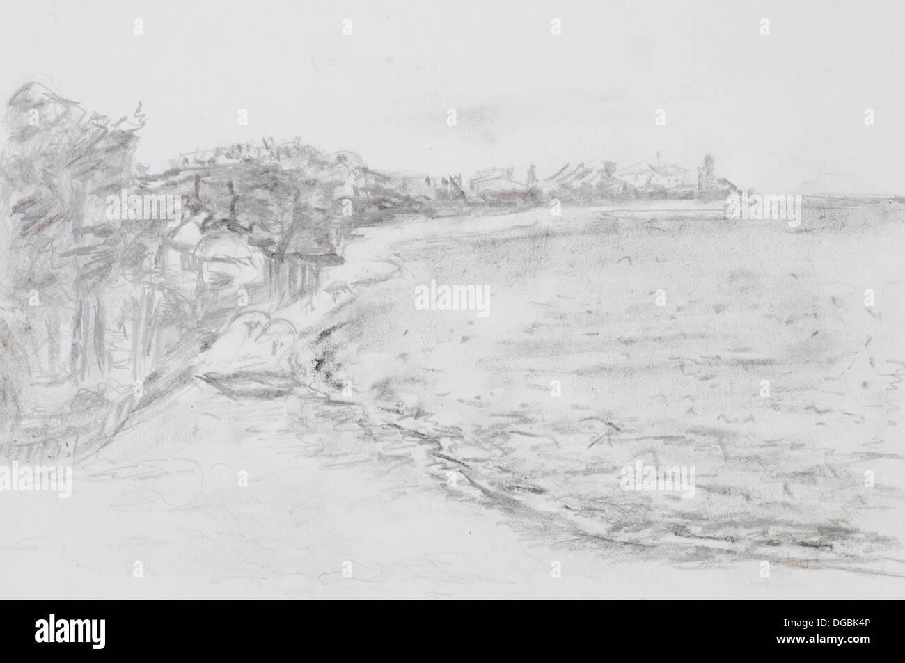 hand drawn sketch of seaside landscape, pencil technique Stock Photo ...