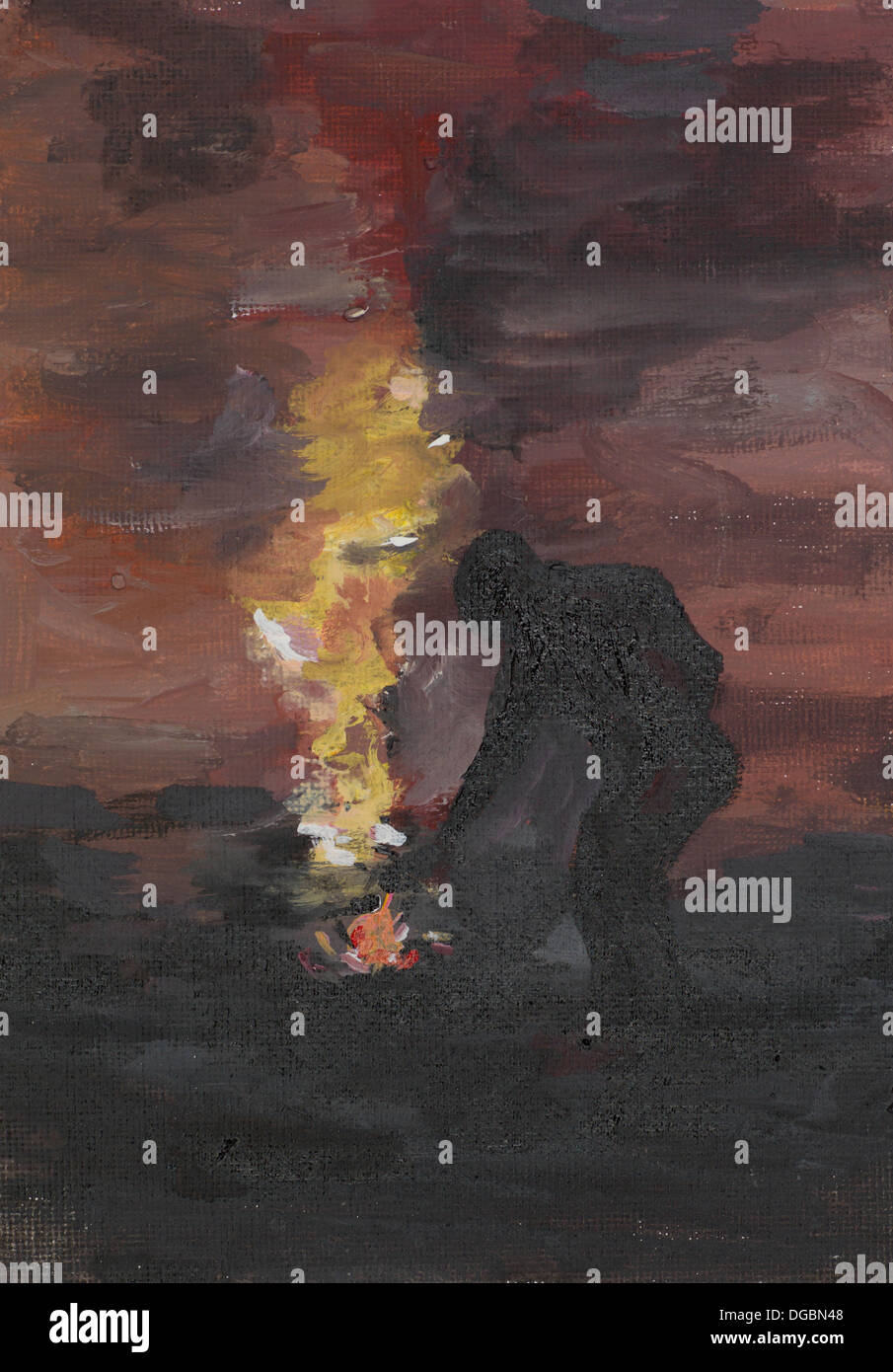 oil paiting illustrating a man lighting a fire outdoors Stock Photo - Alamy
