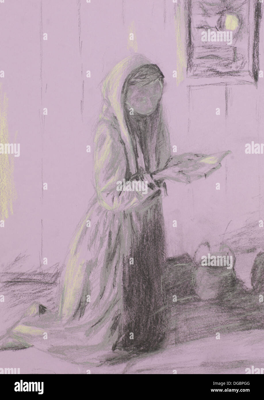 hand drawn pencil illustration of poor woman kneeling and praying, on ...