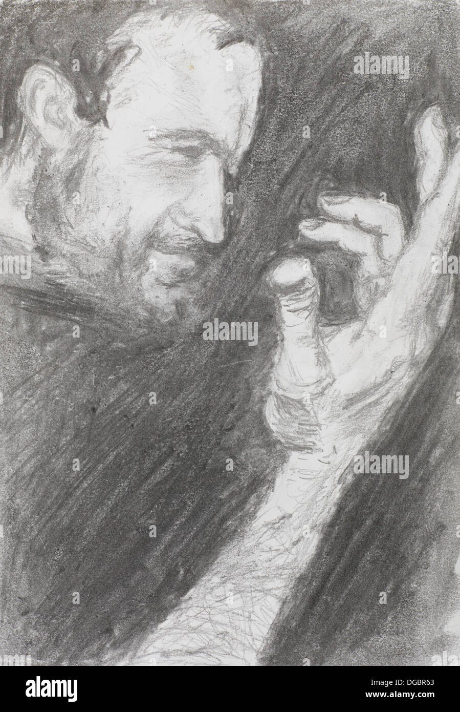 hand drawn pencil illustration of man's portrait looking at his palm ...