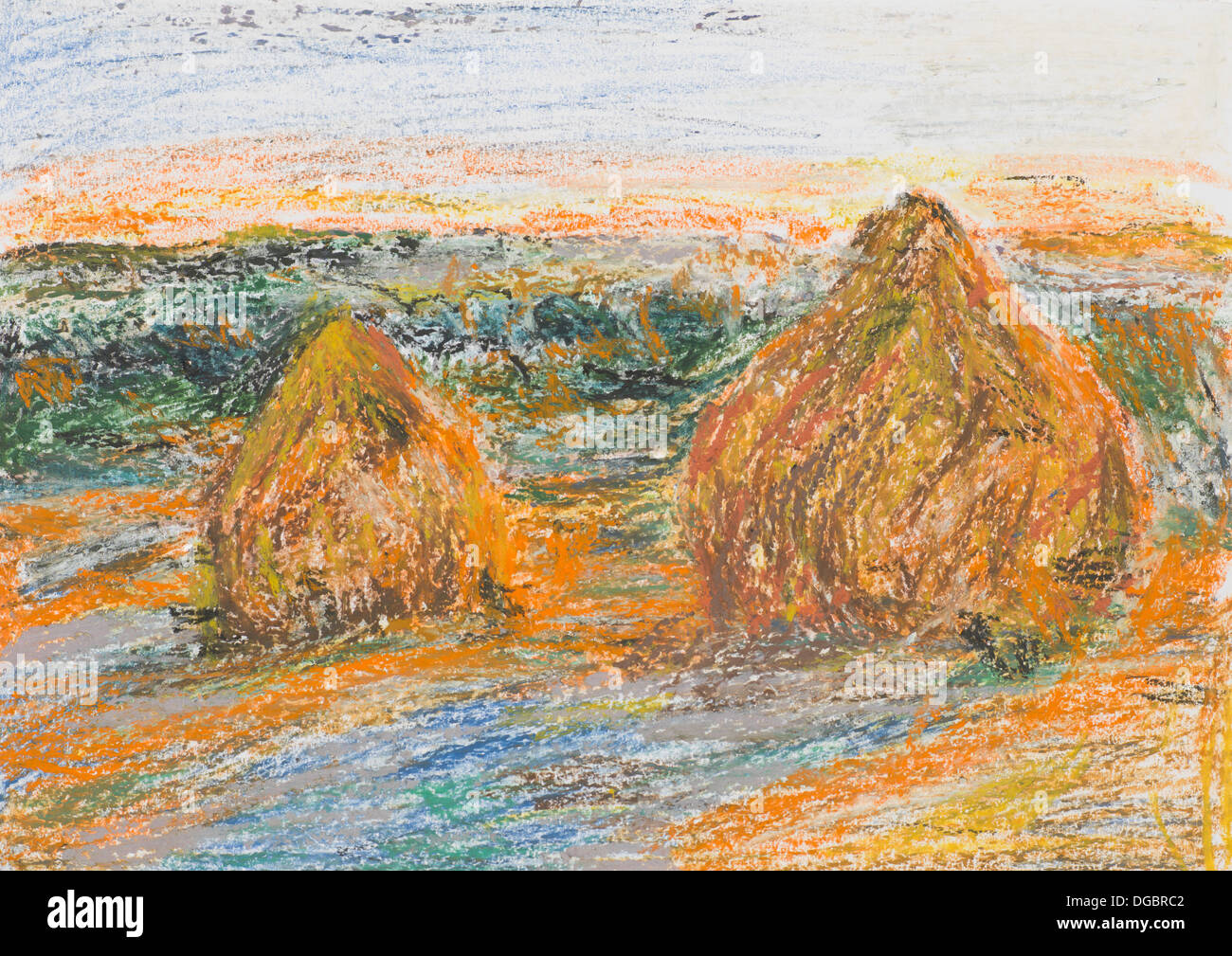 hand drawn colorful pastel illustration of two haystacks on a field ...