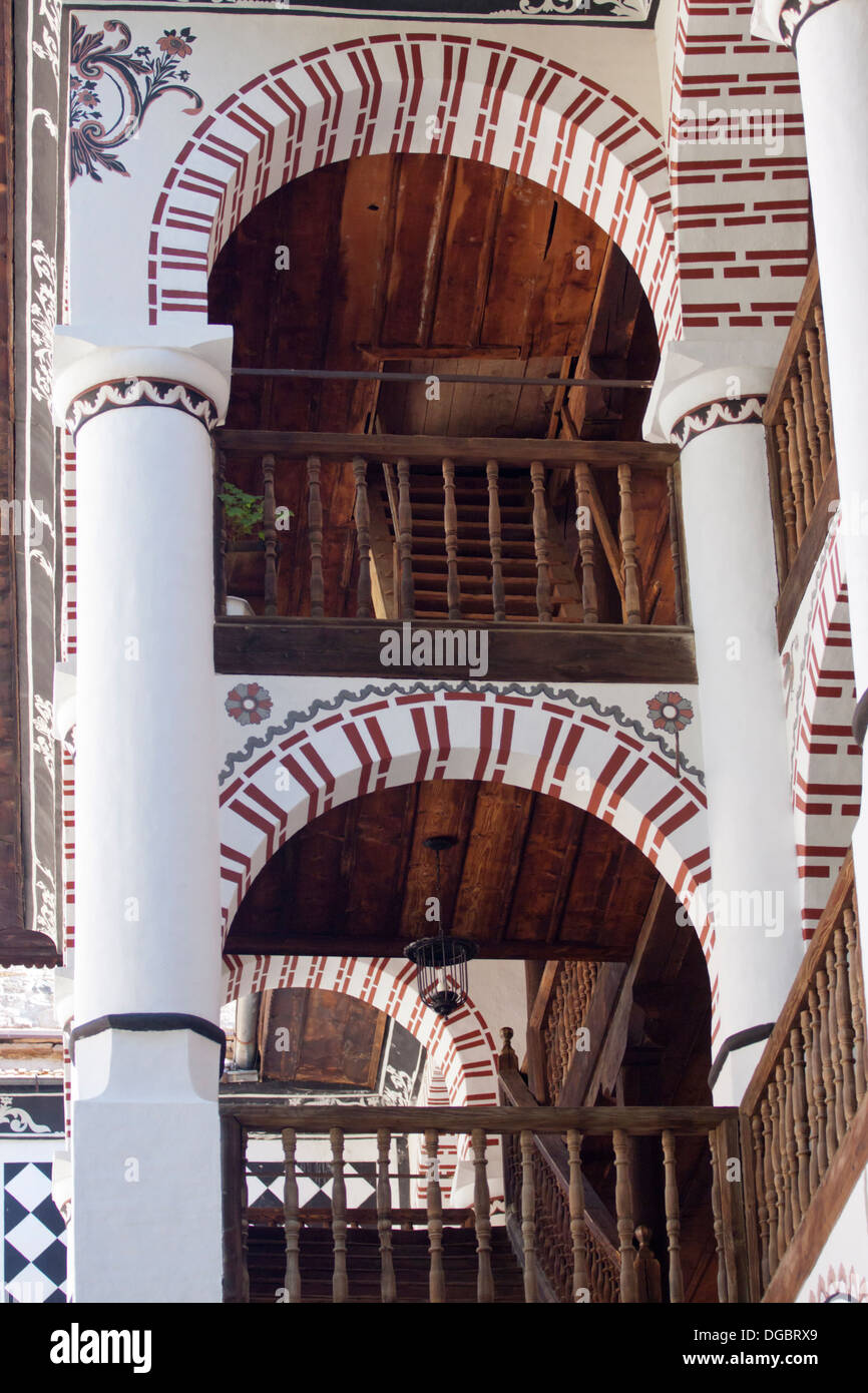 Wooden staircase leading to the monks quarters at the Rila Monastery ...