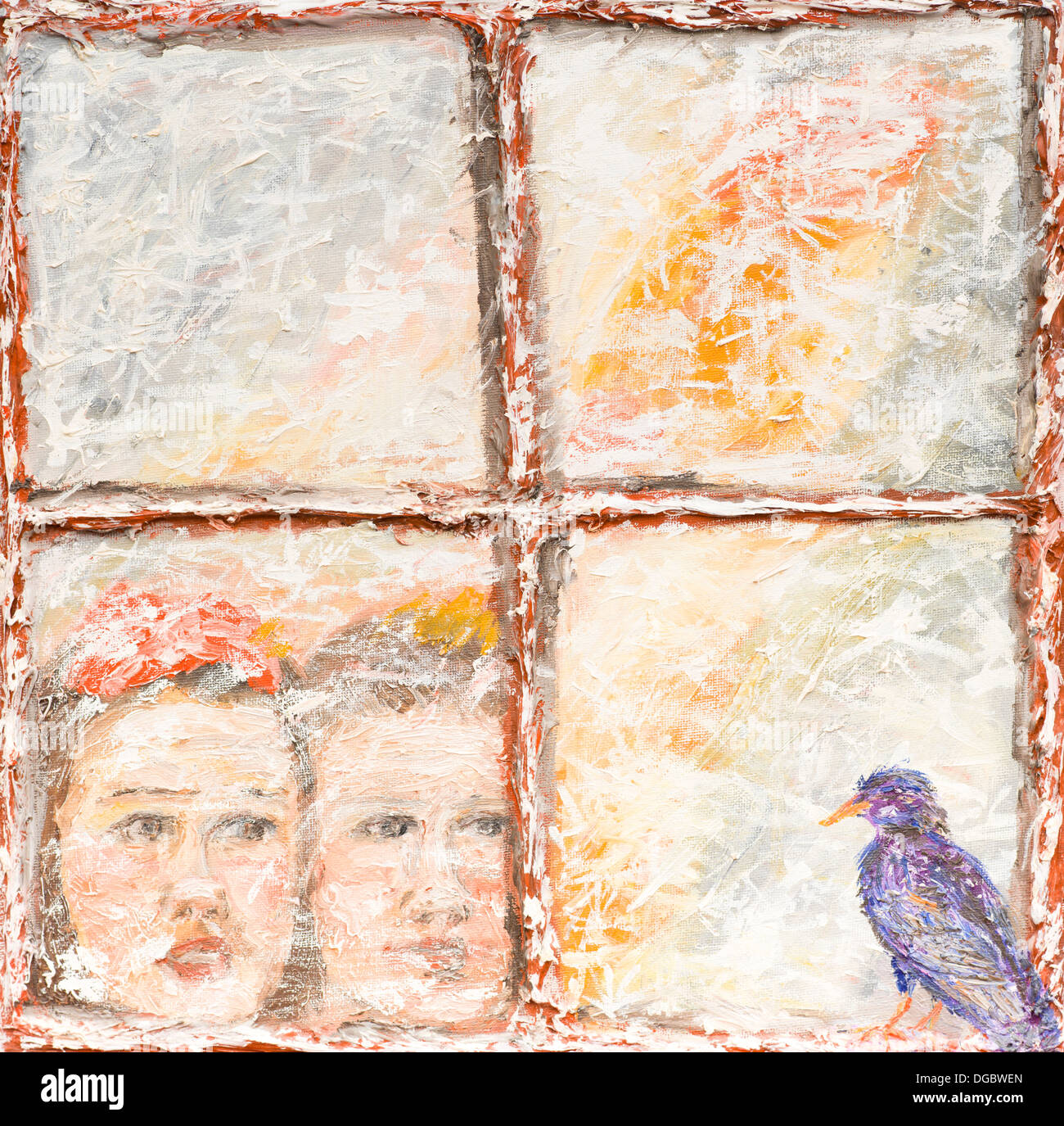 oil painting illustrating two children looking at a bird behind a ...