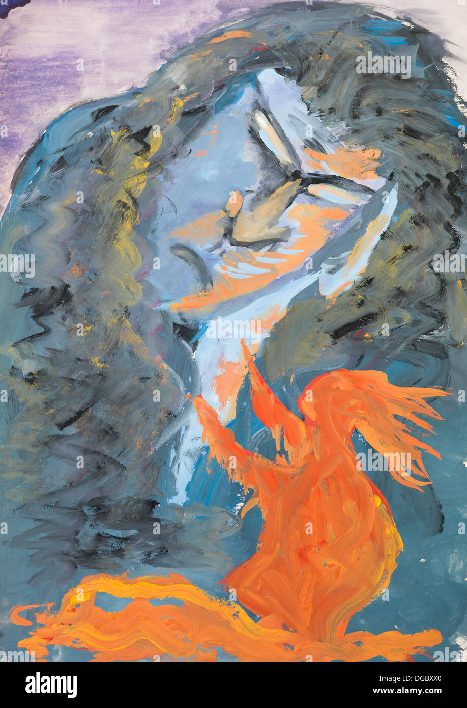 watercolor illustration of sleeping man character with a little flame ...