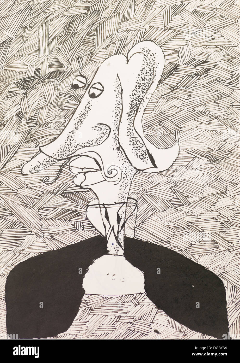 hand drawn pen illustration of a funny looking butler, side view ...