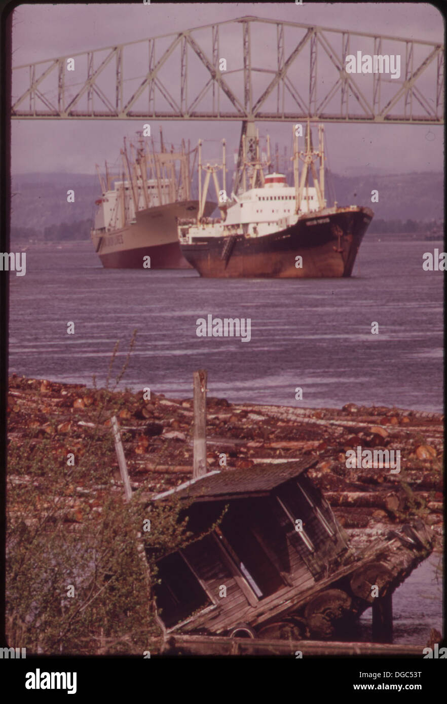 FREIGHTERS COMING INTO DOCK AT RAINIER, OREGON, ON THE COLUMBIA RIVER ...