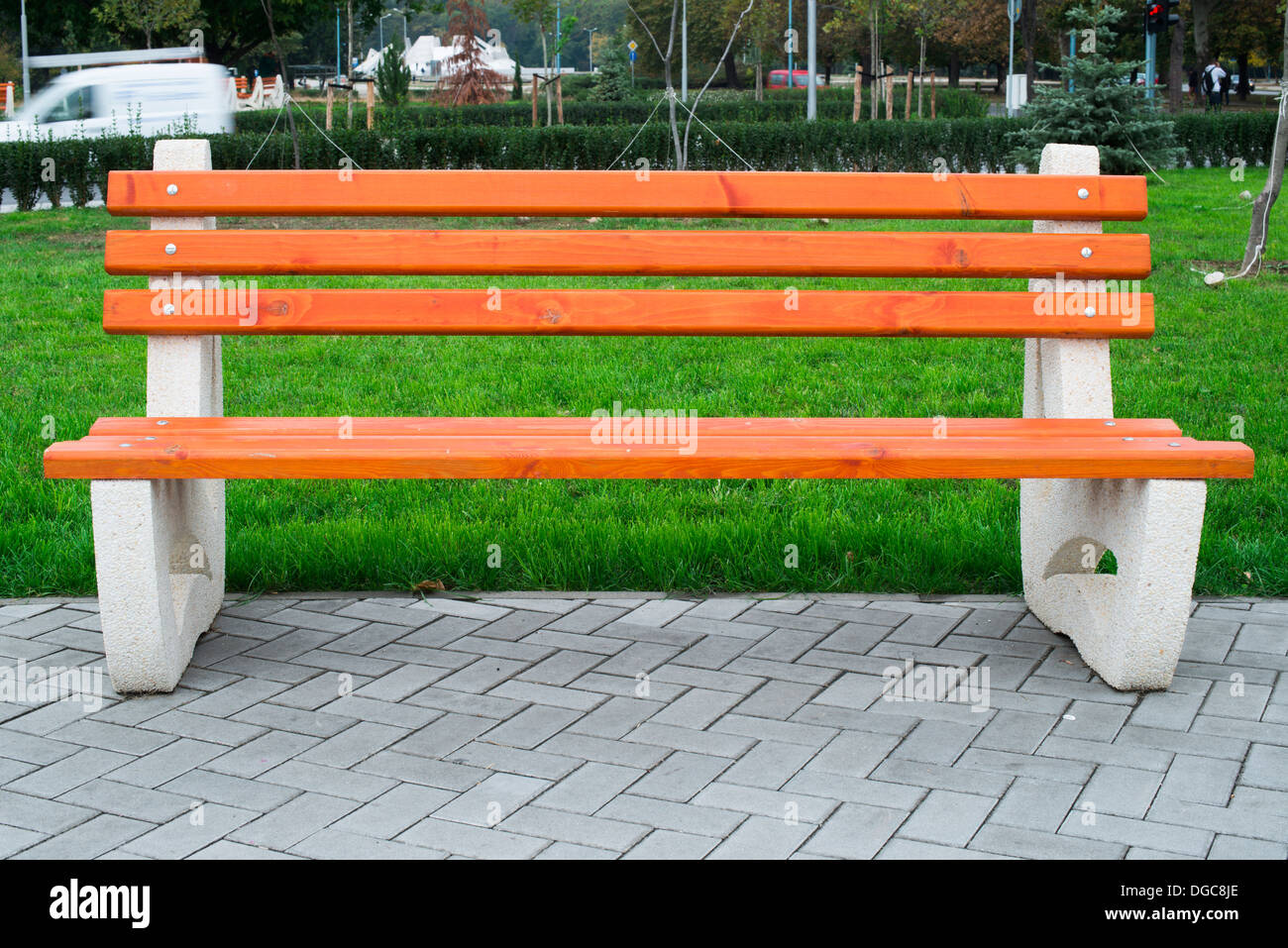 New wooden benches in a park Stock Photo - Alamy
