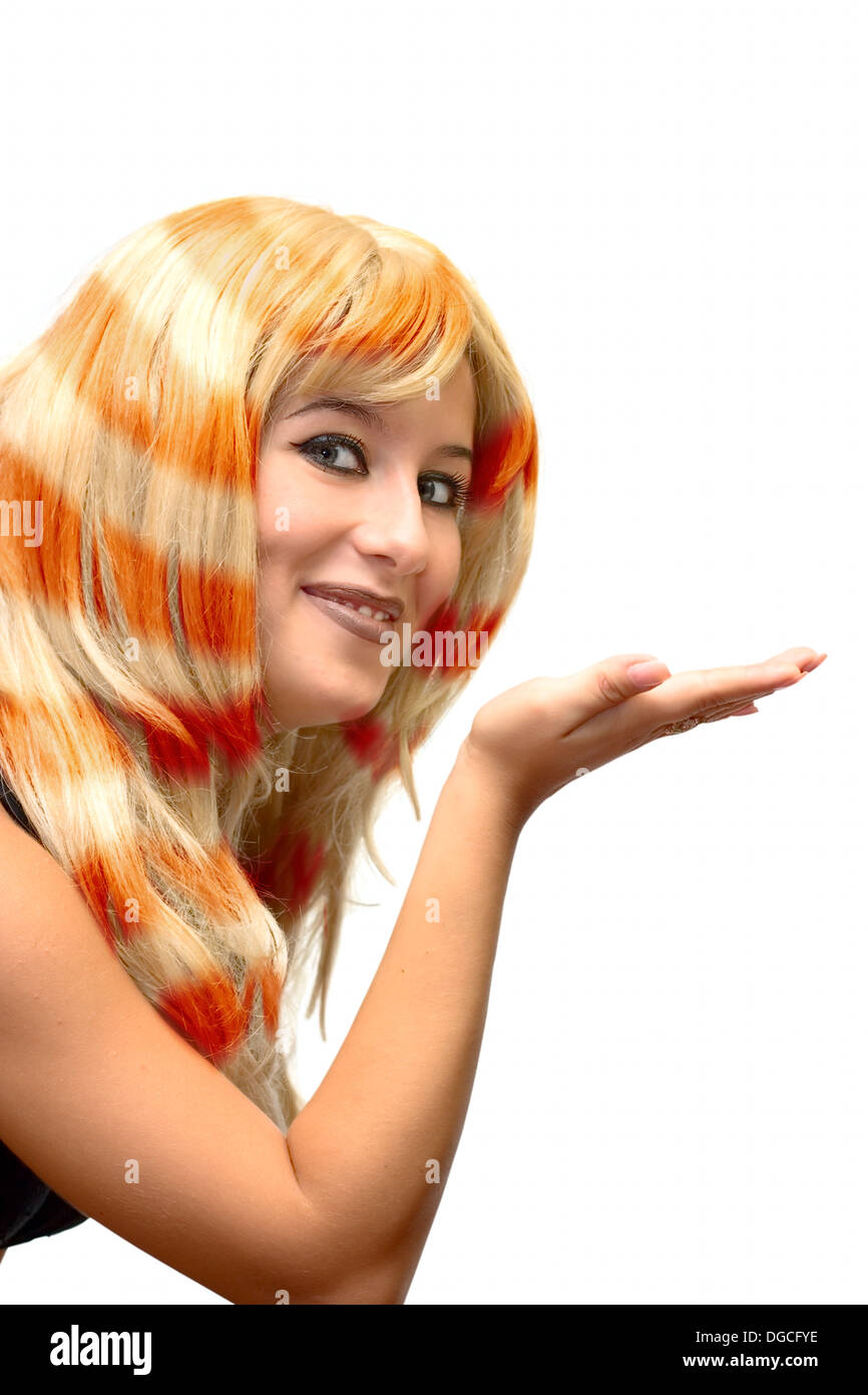 Pretty girl show empty hand isolated on white Stock Photo - Alamy