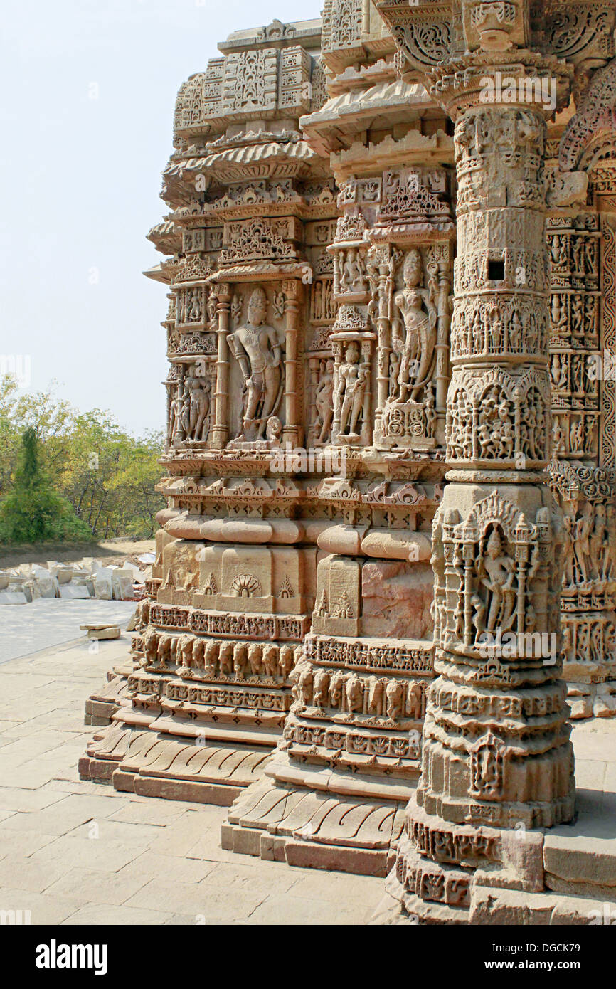Intricate stone carved Pillar and walls of Sabha Mandap depicting ...