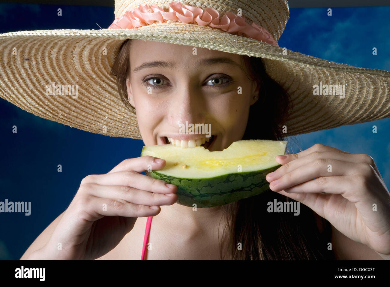 Woman biting straw hi-res stock photography and images - Alamy