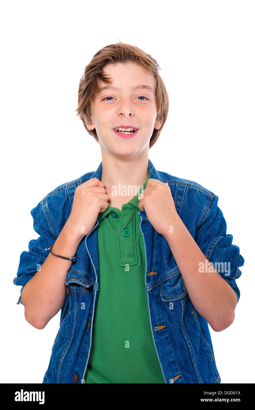 laughing teenage boy with hands on his jacked collar, isolated on white ...