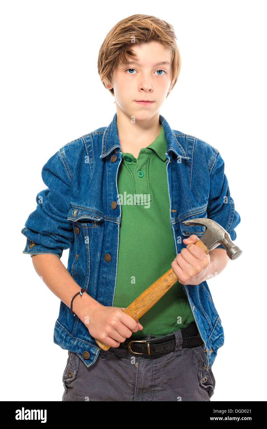 confident teenage boy holding a hammer with both hands, isolated on ...