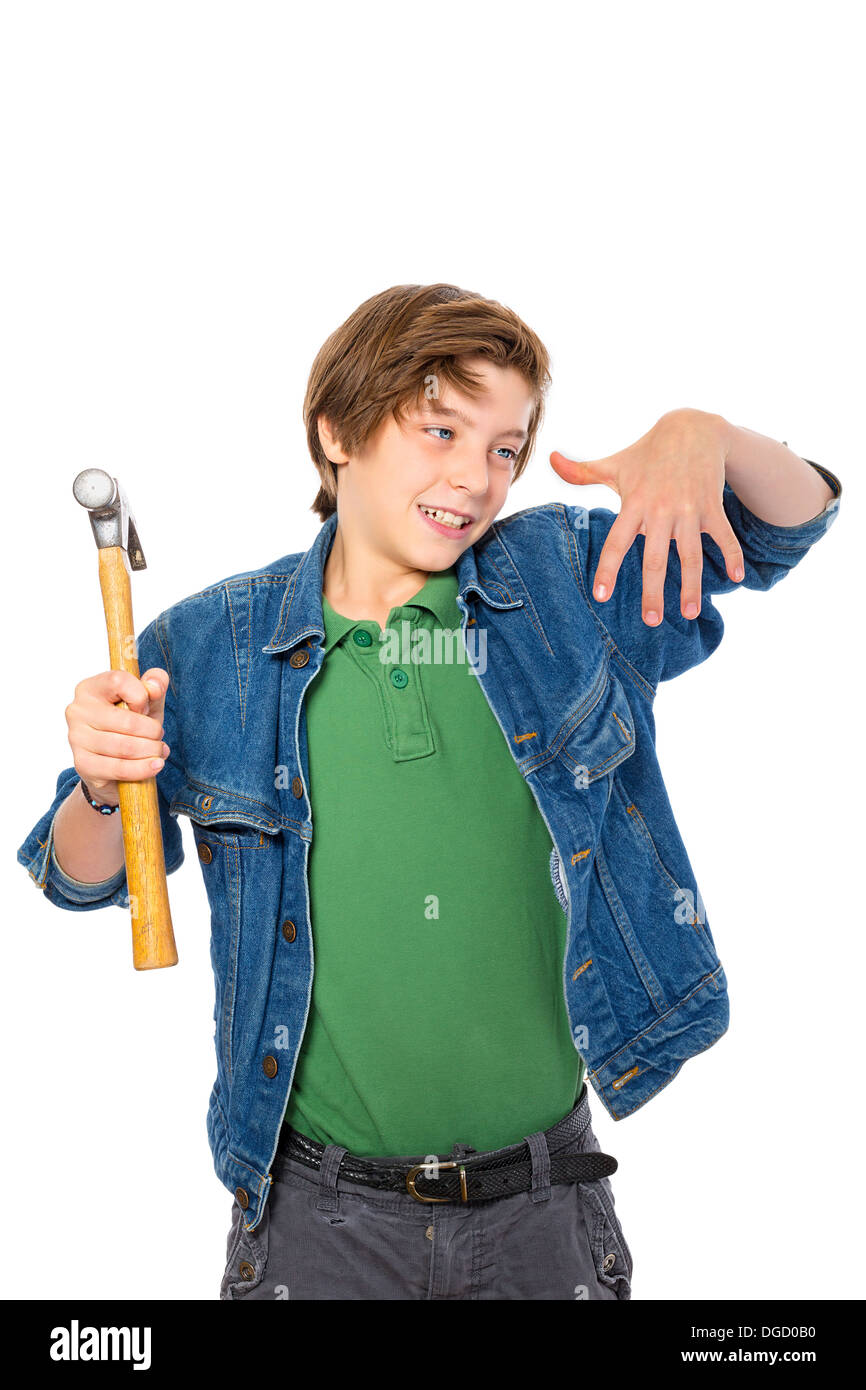 teenage boy has beaten his thumb with a hammer, isolated on white Stock ...