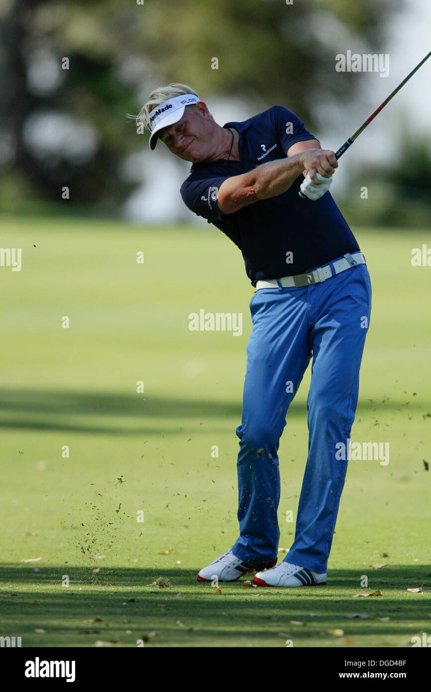 Perth, Australia. 18th Oct, 2013. Peter Hedblom (SWE) plays an approach ...