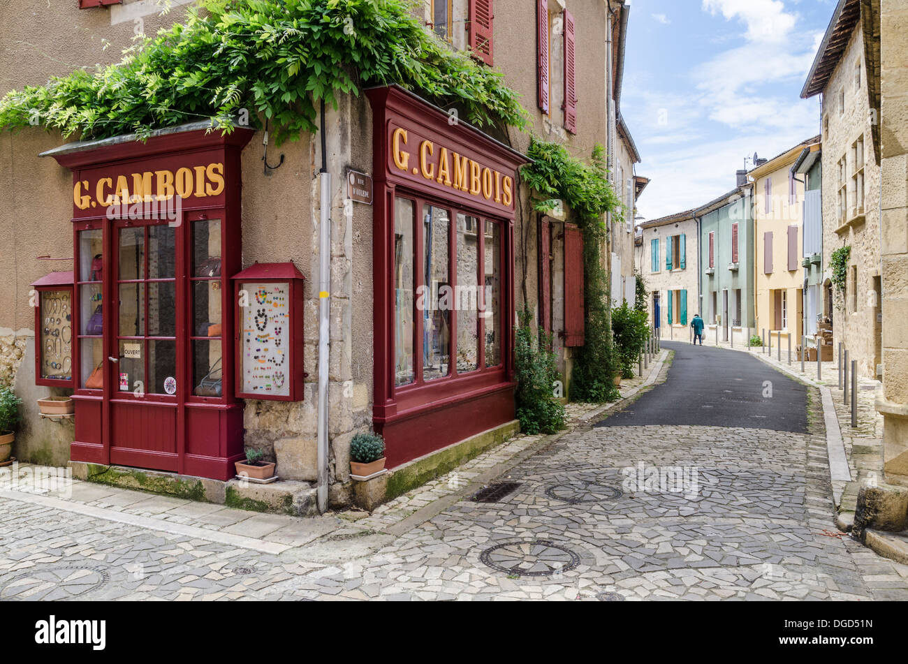 Corner shop in the medieval town of Saint-Macaire, Gironde, France ...