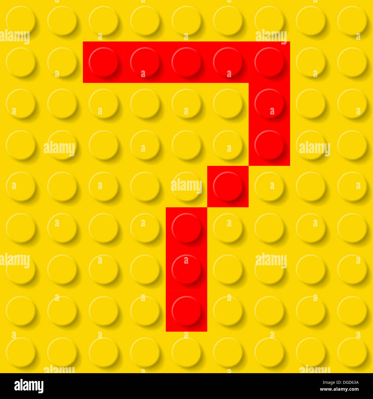 Red number seven in yellow plastic construction kit. Typeface sample ...