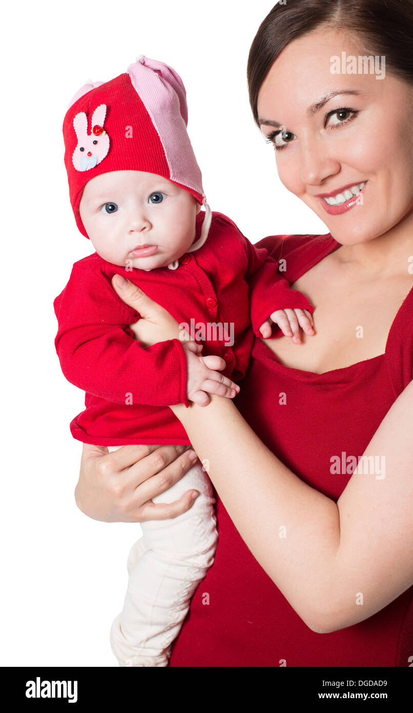 Happy mother and child girl hugging isolated on white background. The ...