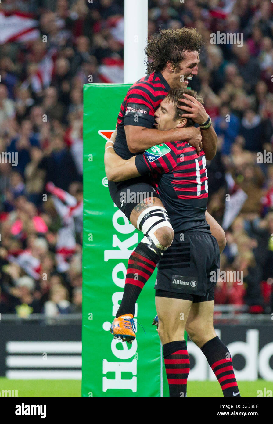 London, UK. 18th Oct, 2013. Chris WYLES of Saracens celebrates his try ...