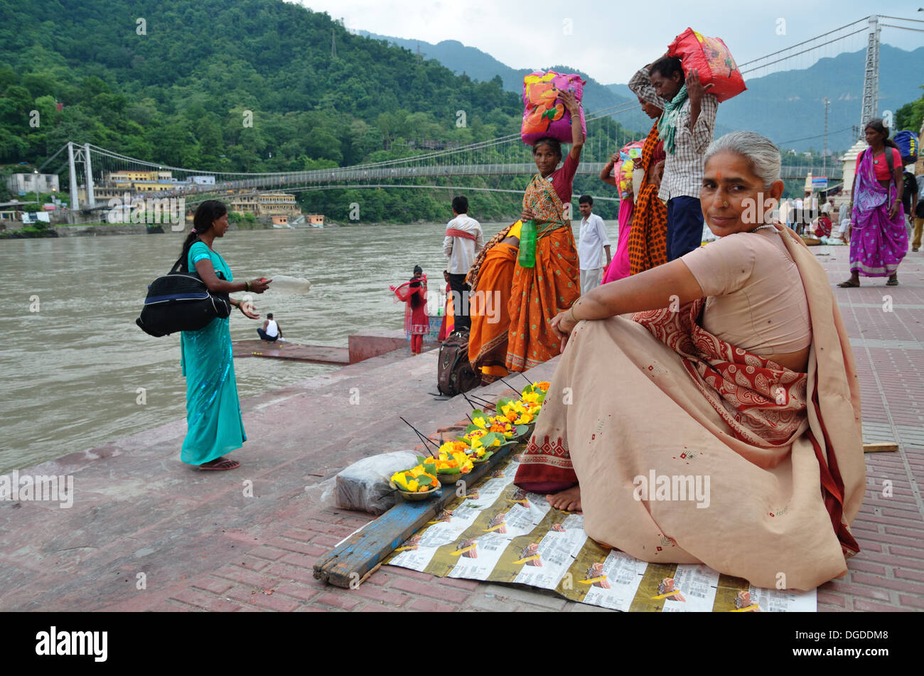 Hindu pilgrims gathered on banks of River Ganges, Rishikesh, India ...