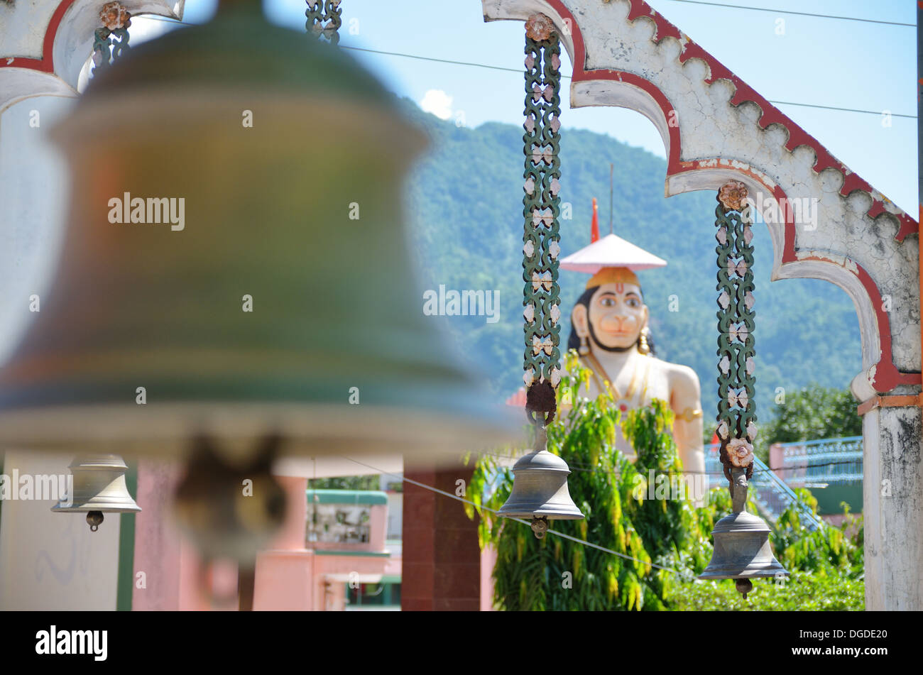 Statue of Hanuman, Hindu deity, and bells in Rishikesh, India Stock ...