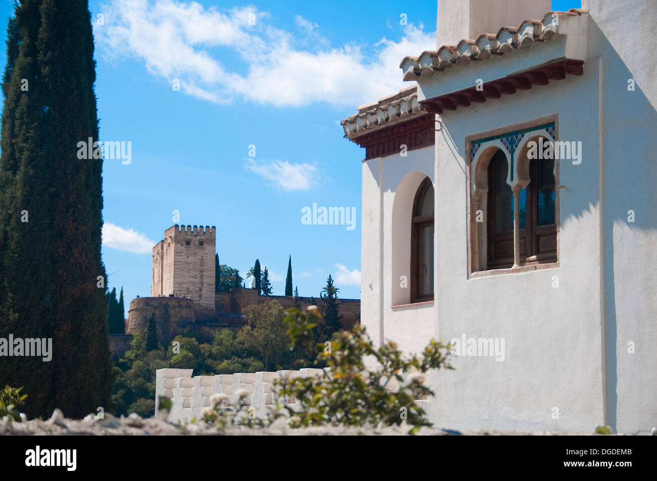 Moorish Window and Alhambra Palace in Background. Granada, Spain Stock ...