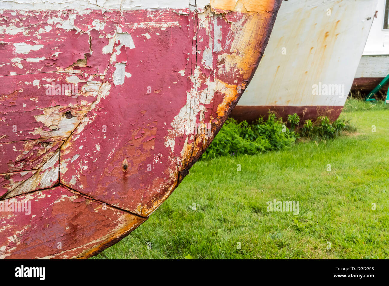 Old rusting fishing boat hulls lined up on the grass in a state of ...