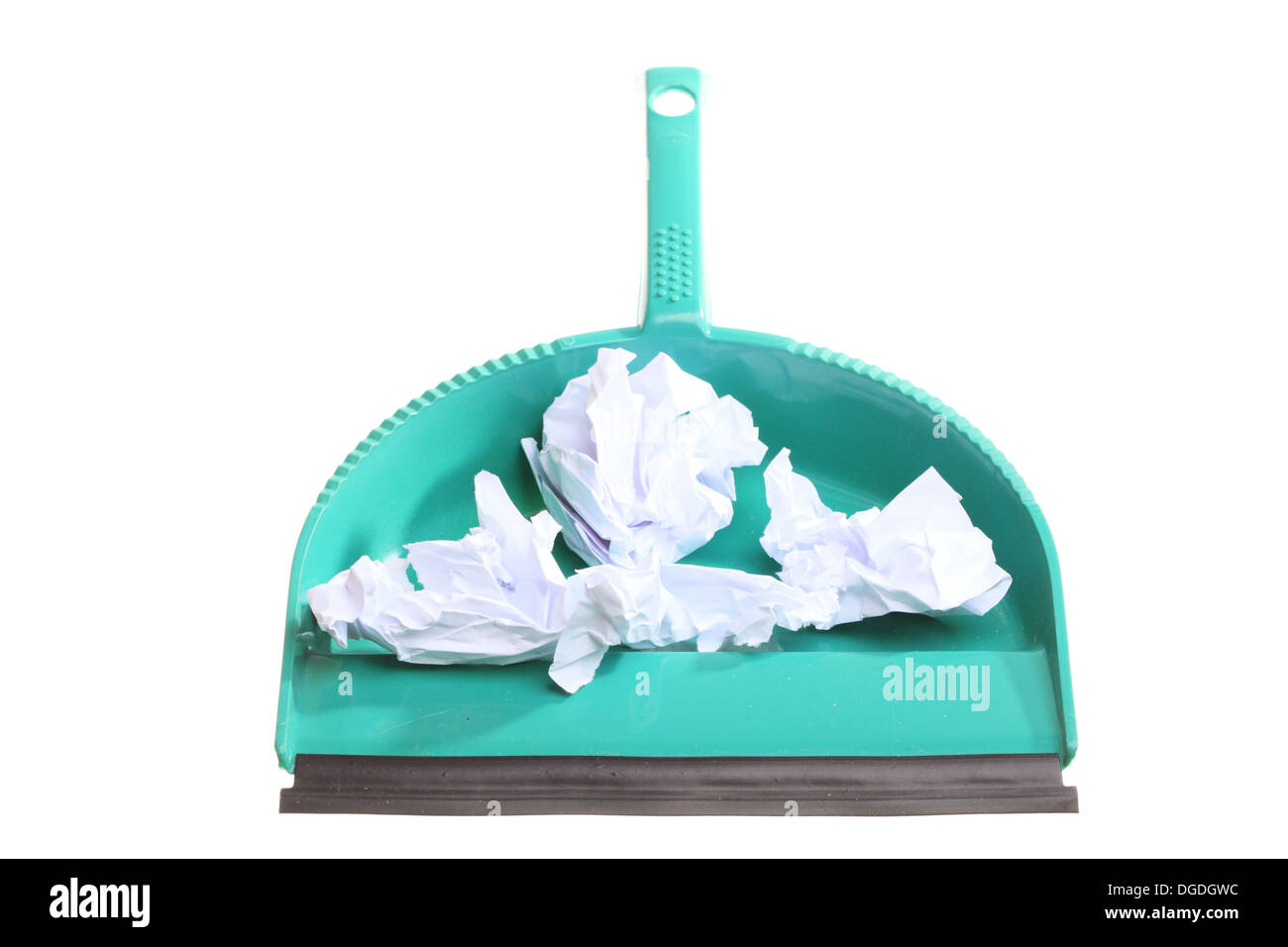 Green dustpan for house work with garbage papers isolated on white ...