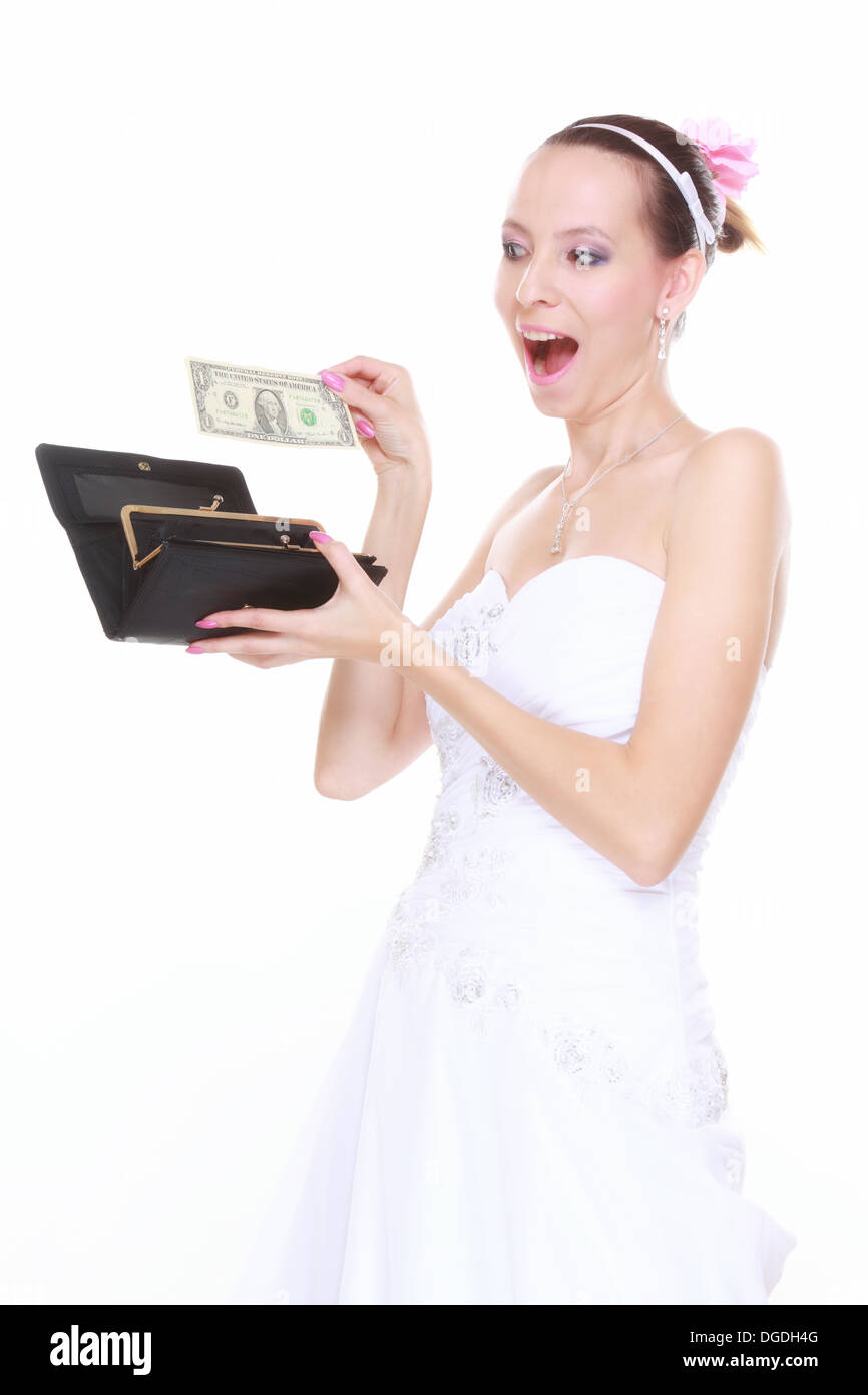 Wedding expense concept. Bride with purse and one dollar Stock Photo ...