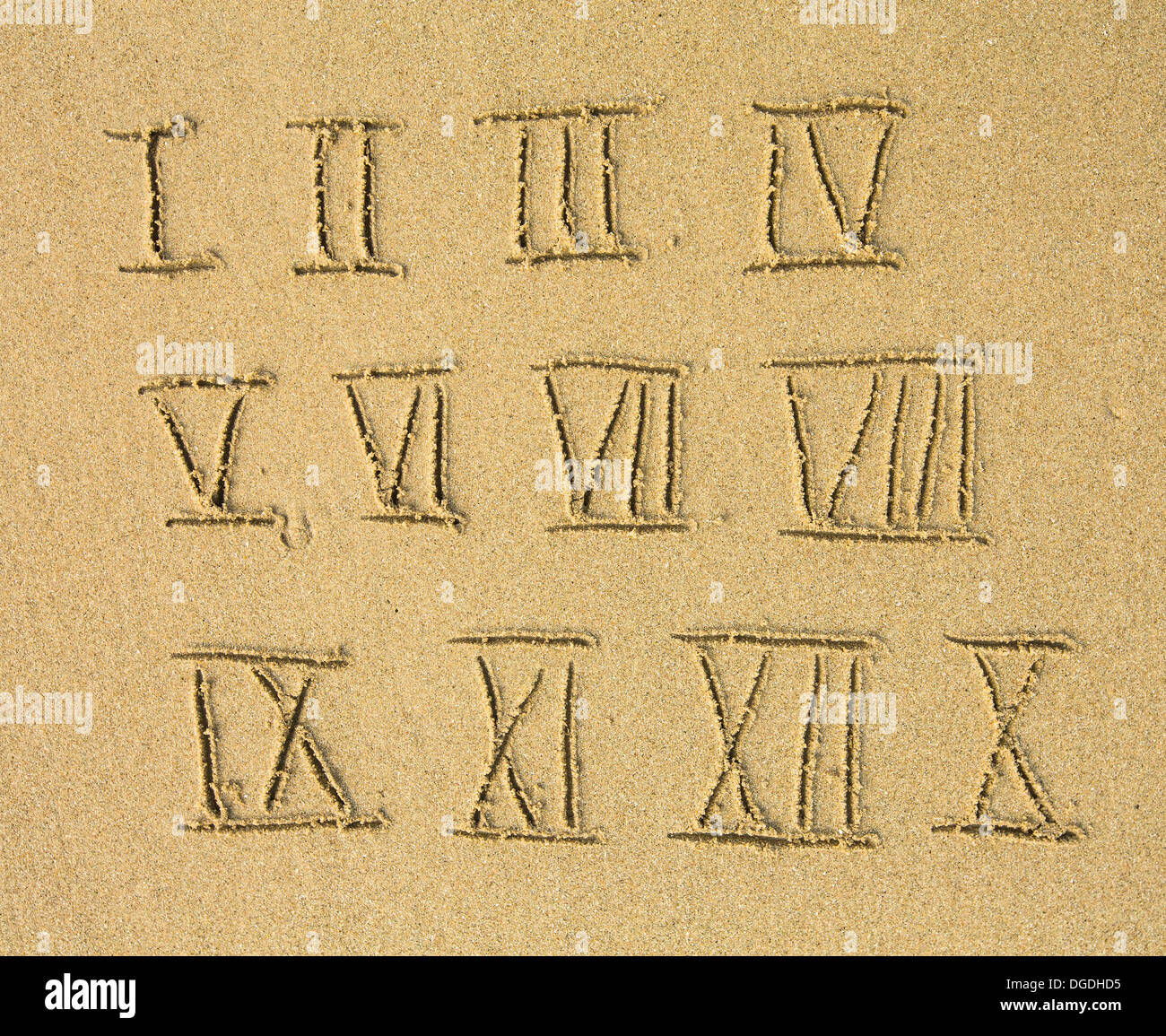 Roman numerals written on a sandy beach. (from 1 to 12 Stock Photo - Alamy