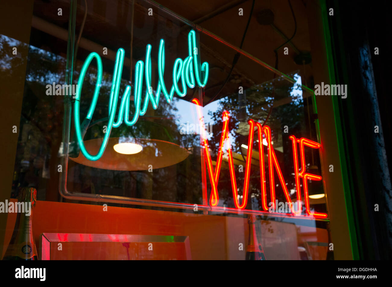 Chilled wine neon sign in Soho bar window in New York City Stock Photo ...
