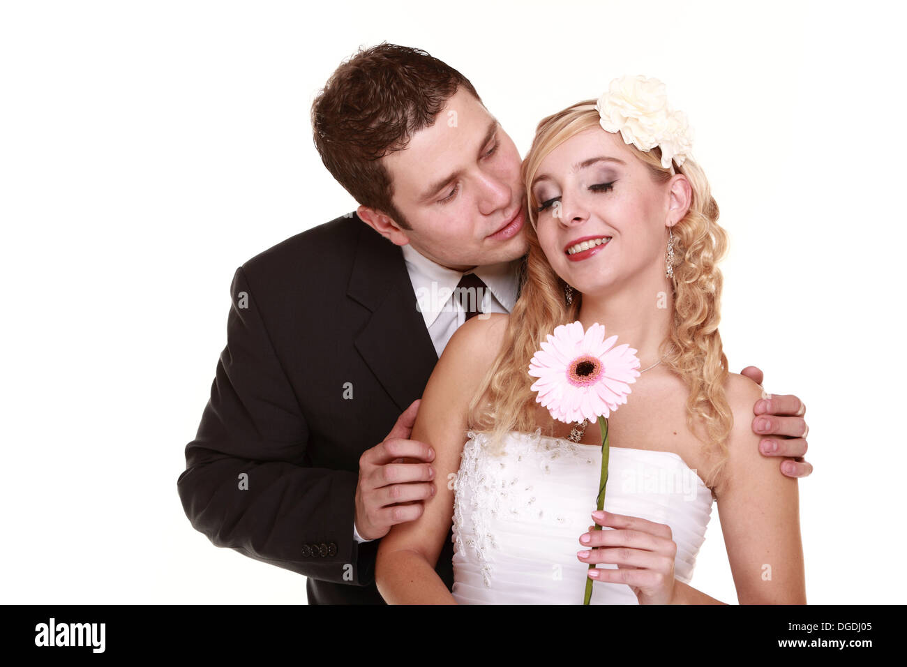 Wedding day. Portrait of happy bride and groom on white background ...