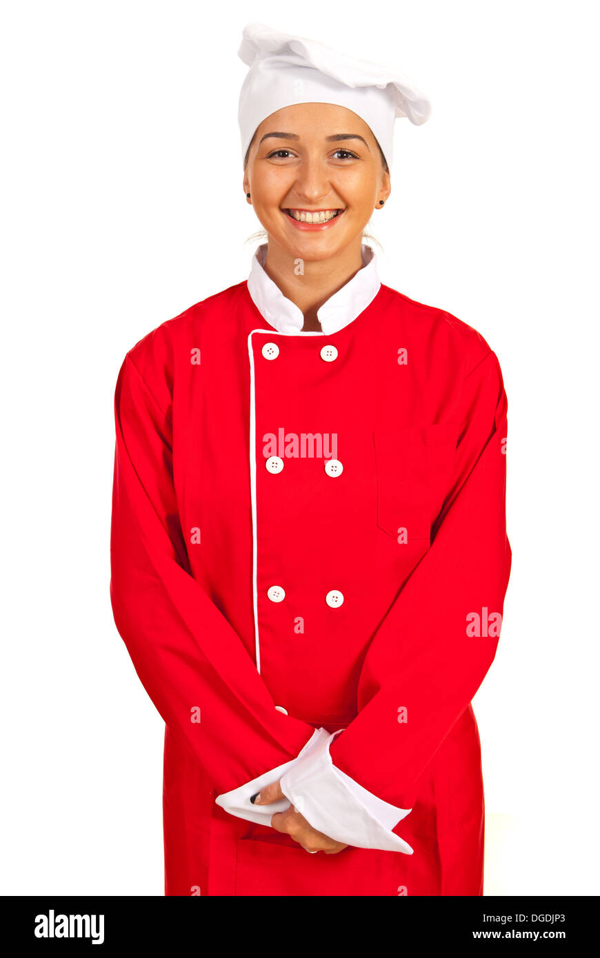 Smiling chef woman standing isolated on white background Stock Photo ...