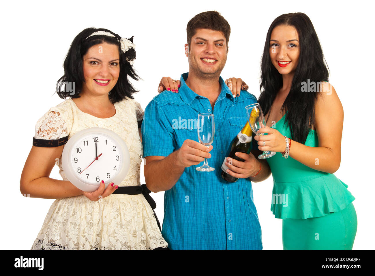 Happy friends with champagne celebrate New Year party isolated on white ...