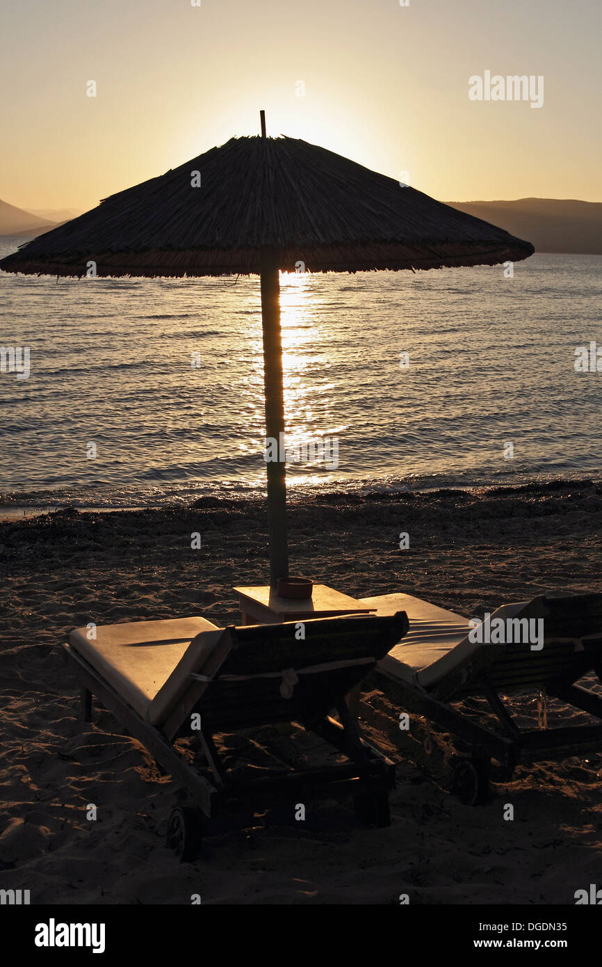 Sunset at Agia Eleni Beach on the Greek Island of Skiathos, a popular ...