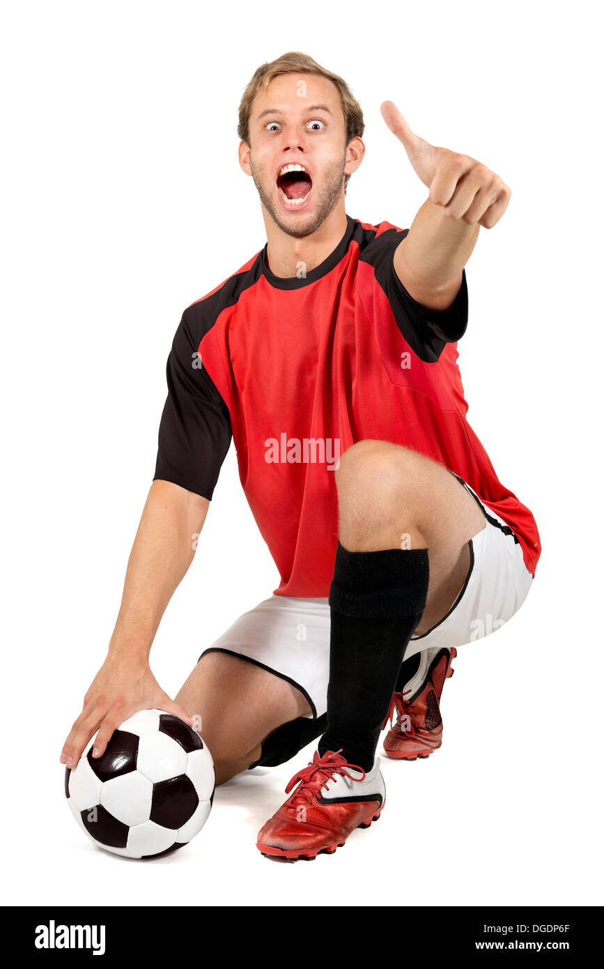 Happy football player with a ball isolated in white Stock Photo - Alamy