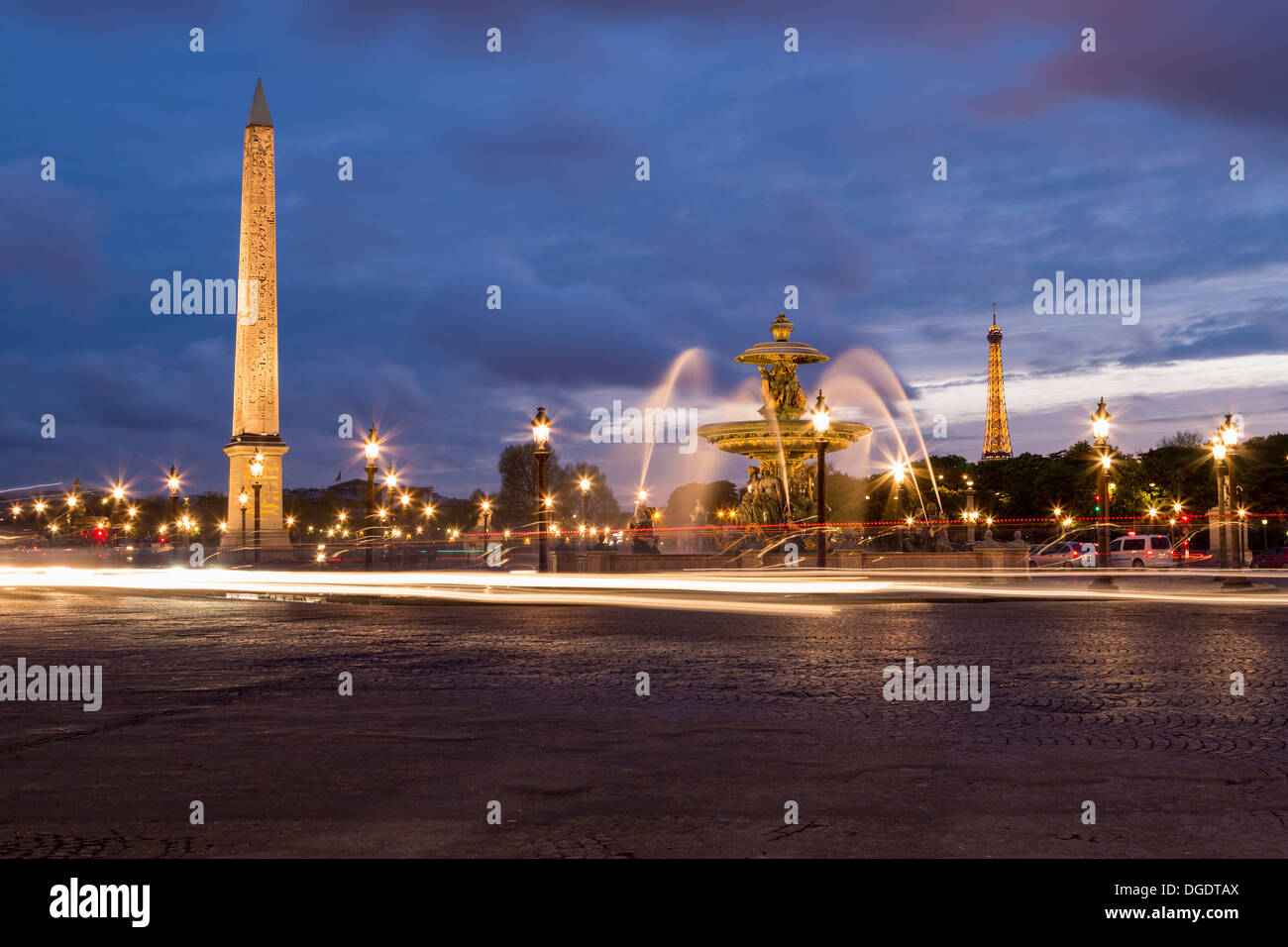 Place de la Concorde and Eiffel Tower at sunset Paris France Stock ...