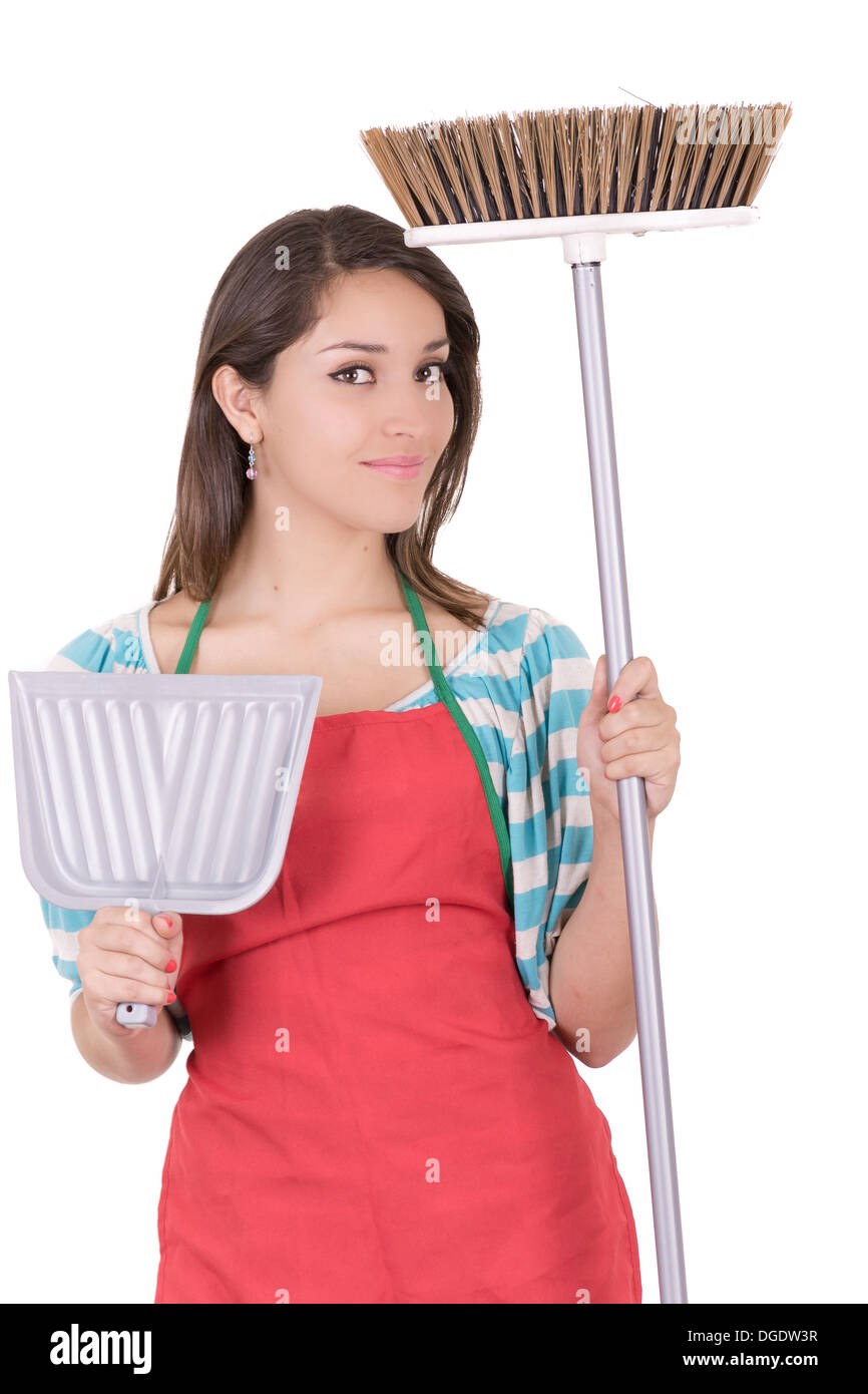 Young smiling cleaning woman. Isolated over white background Stock ...